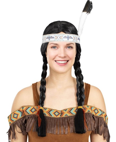 PELUCA INDIA TRENZAS MORENA CON CINTA Y PLUMAS